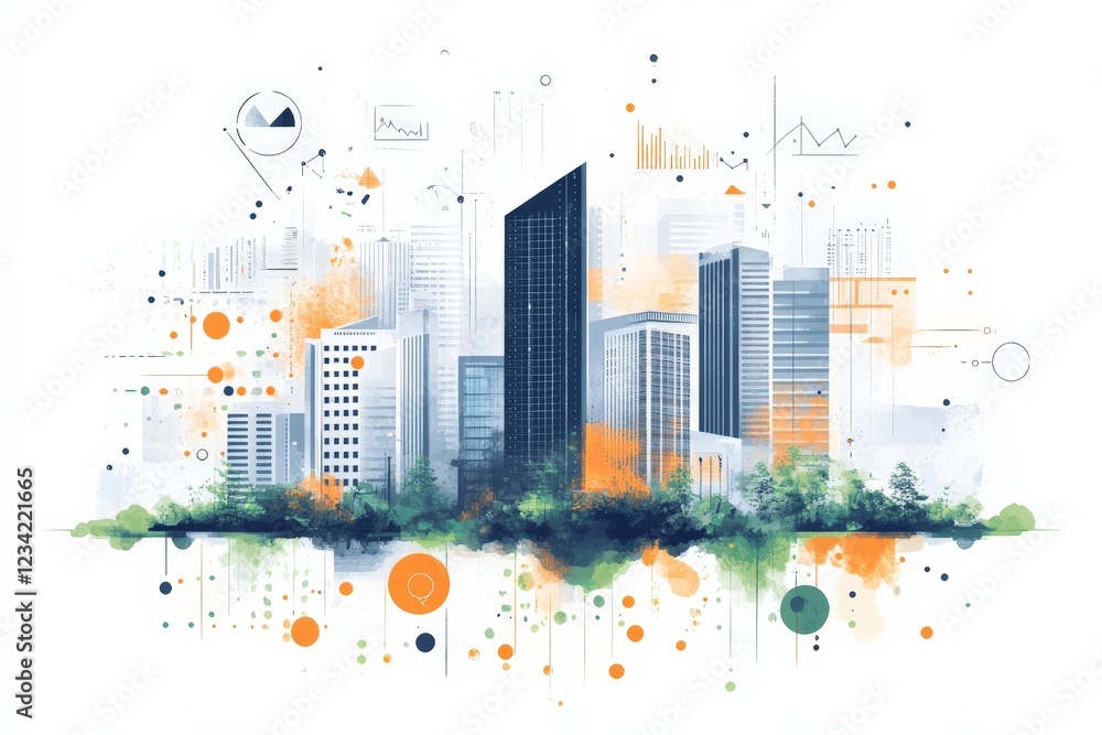 Urban landscape illustration blending nature with modern architecture ...