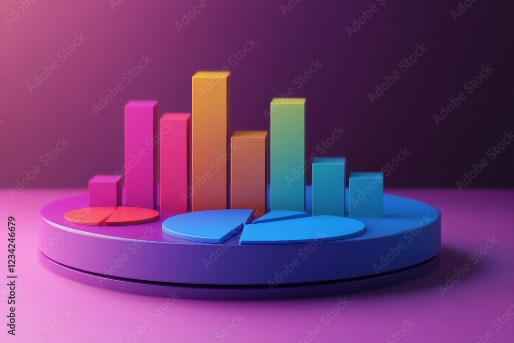 Colorful 3D bar and pie charts display data analysis in a modern digital environment Stock Photo ...