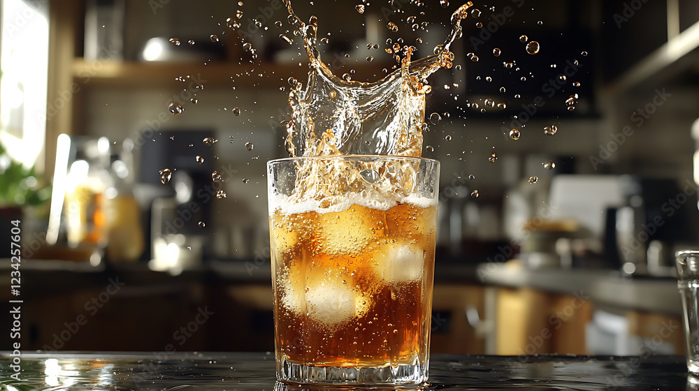Dynamic splash of iced tea filling a glass. Highspeed photography ...