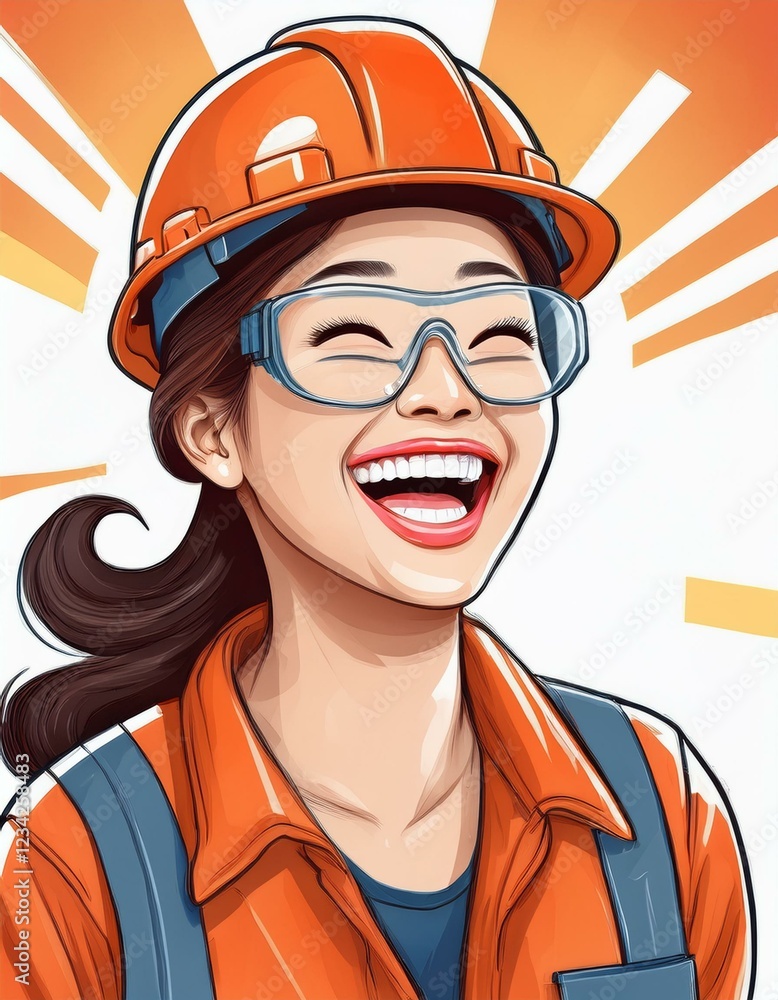 vector A construction woman worker laughs heartily wearing a safety ...