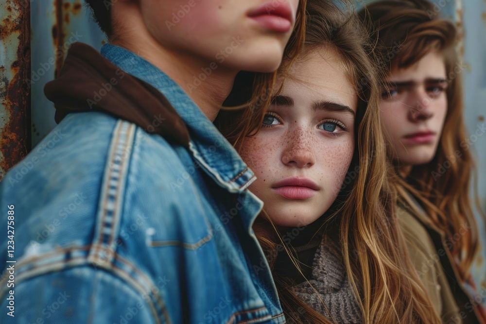 Teenage models posing together showing sad expression while wearing ...