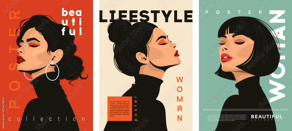 Stylish beautiful girls in a flat vector style. Design for posters ...