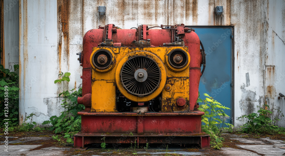 A vibrant red and yellow engine with three large fans stands against a ...