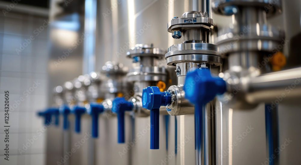Stainless steel water tanks are aligned in a row, each equipped with ...