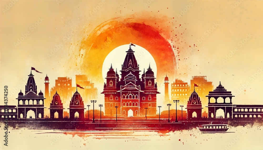 Maha kumbh mela prayagraj 2025 temple watercolor illustration. Stock ...