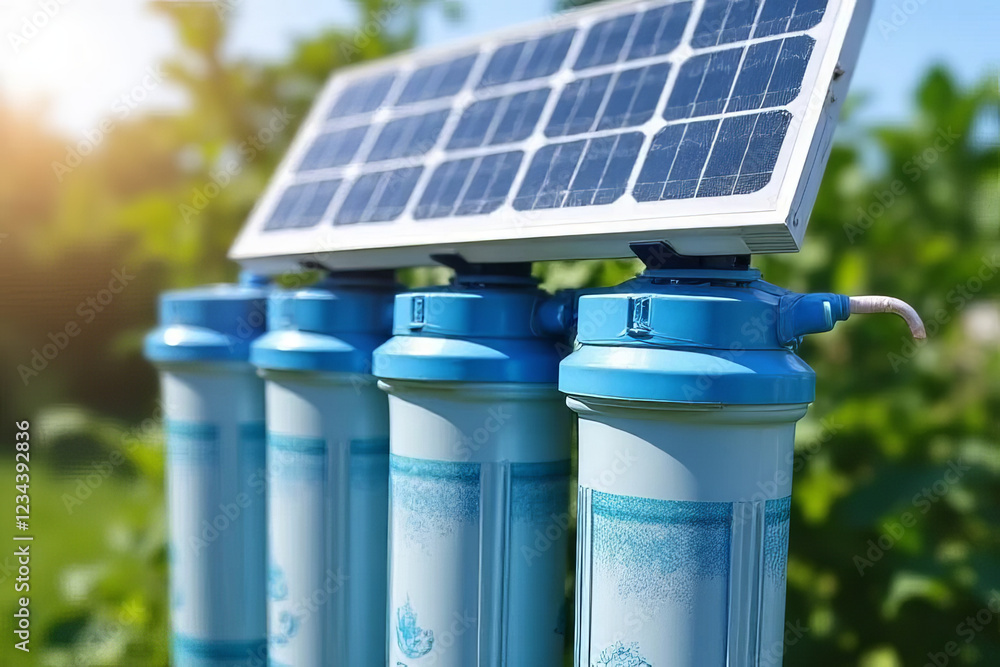 Solar water filtration system with blue filters and solar panel Stock ...