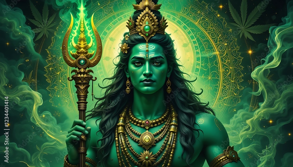 Stunning Digital Art of Lord Shiva, Green Skin, Gold Jewelry, Trishul ...