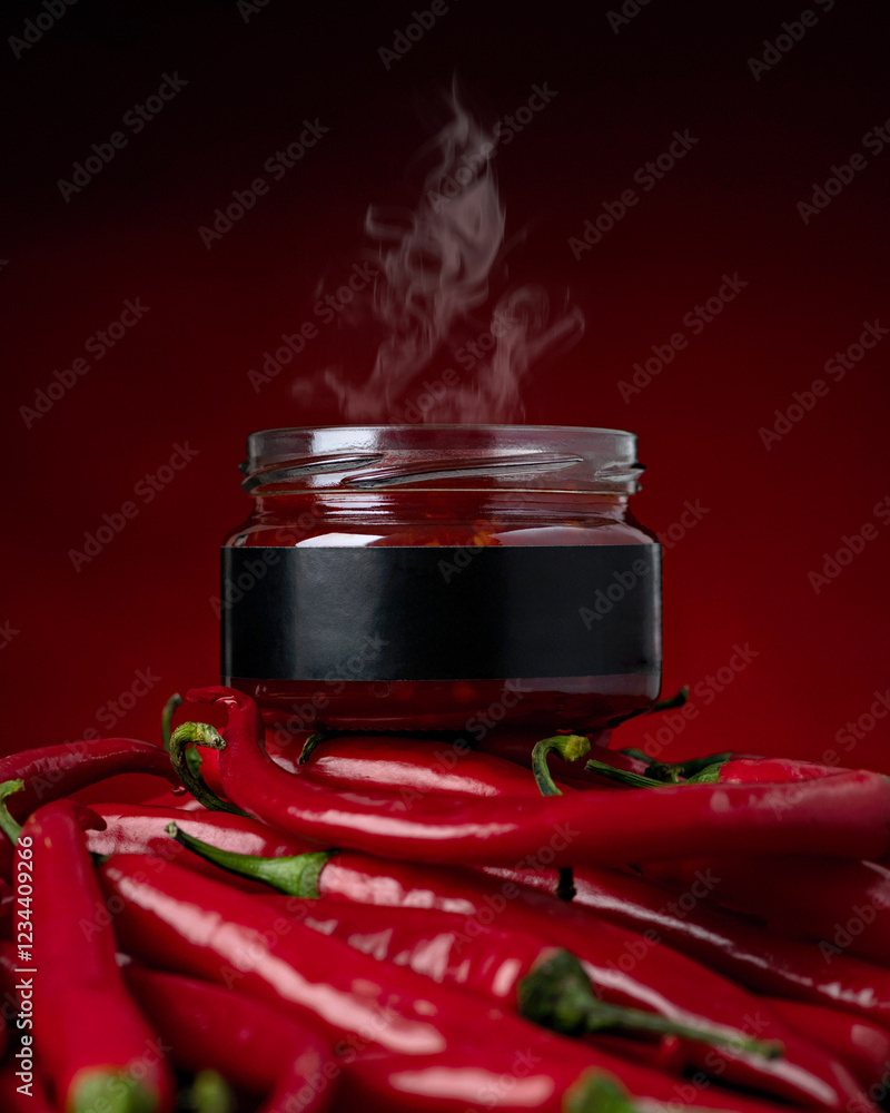 Steaming chili sauce in glass jar surrounded by red hot chili peppers ...