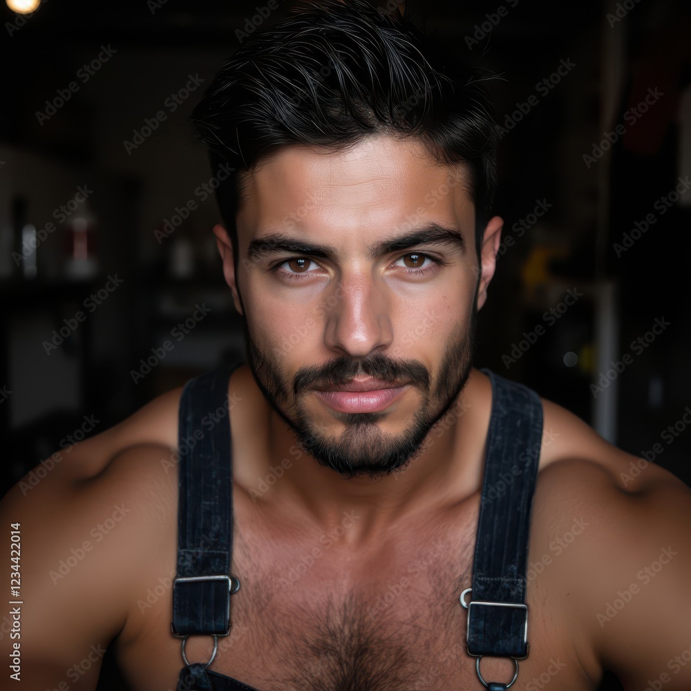 Handsome muscular man with dark hair and beard wearing denim overalls ...