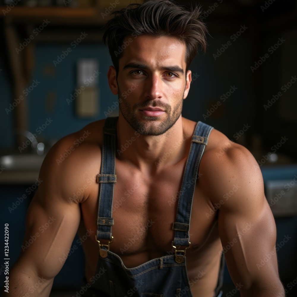 Muscular man with chiseled features and intense gaze wearing denim ...