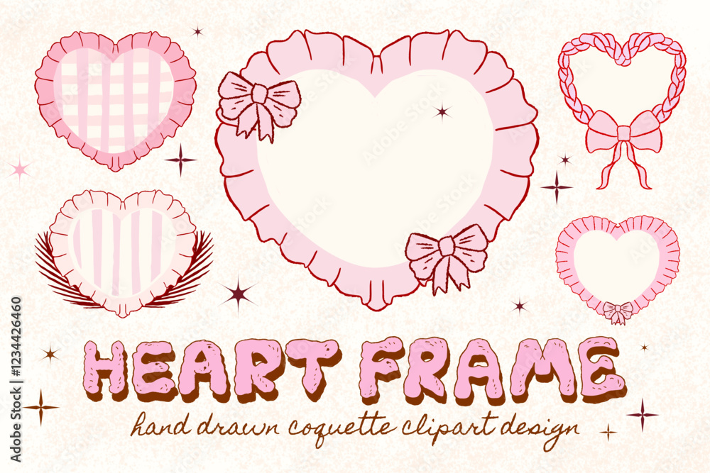 Heart frame with bow and ribbons. Hand Drawn red coquette borders for ...