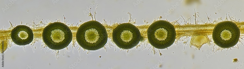 Microscopic view of algae cells, chain formation, aquatic environment ...