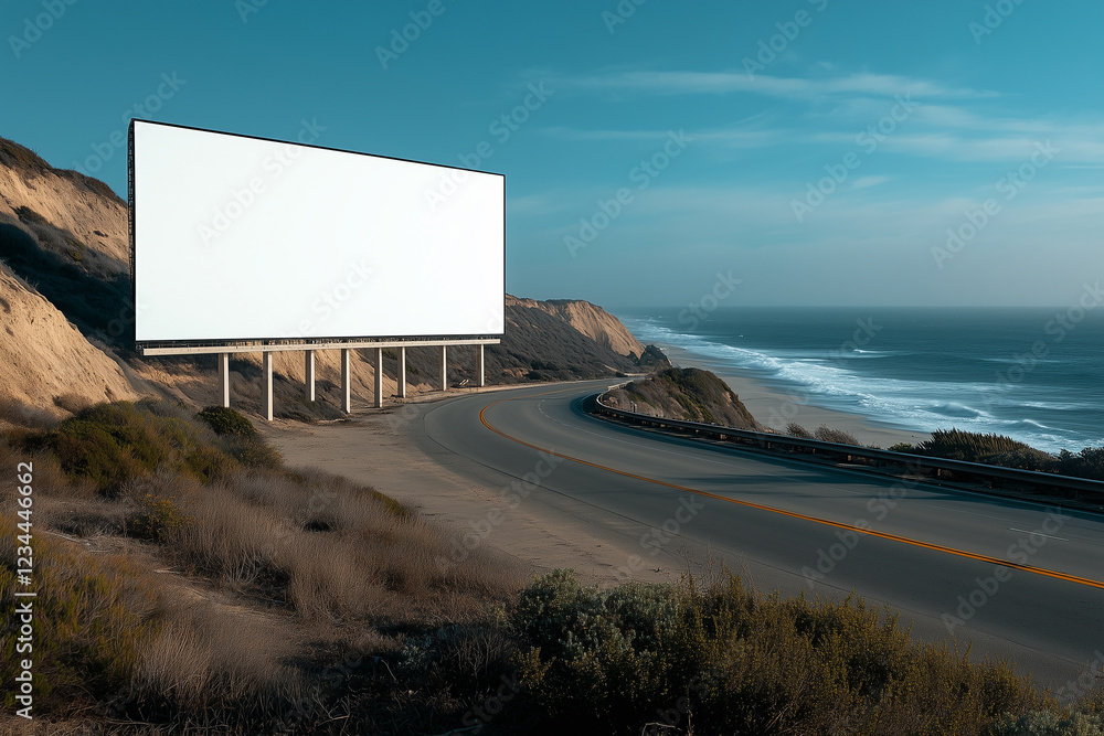 Scenic coastal highway features large billboard with ocean backdrop and ...