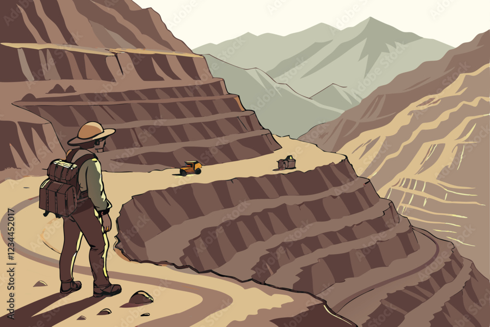 massive open-pit mine, terraced mountainside, industrial mining ...