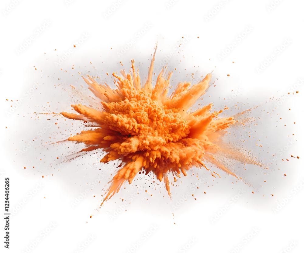 A dynamic orange powder explosion on a transparent background, with ...