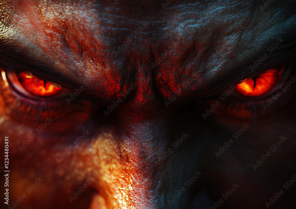 Extreme close-up of a mysterious face with glowing red-orange fiery ...
