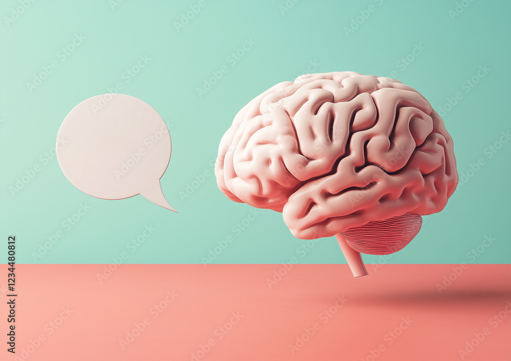 Floating realistic 3d human brain with an empty speech bubble on a ...