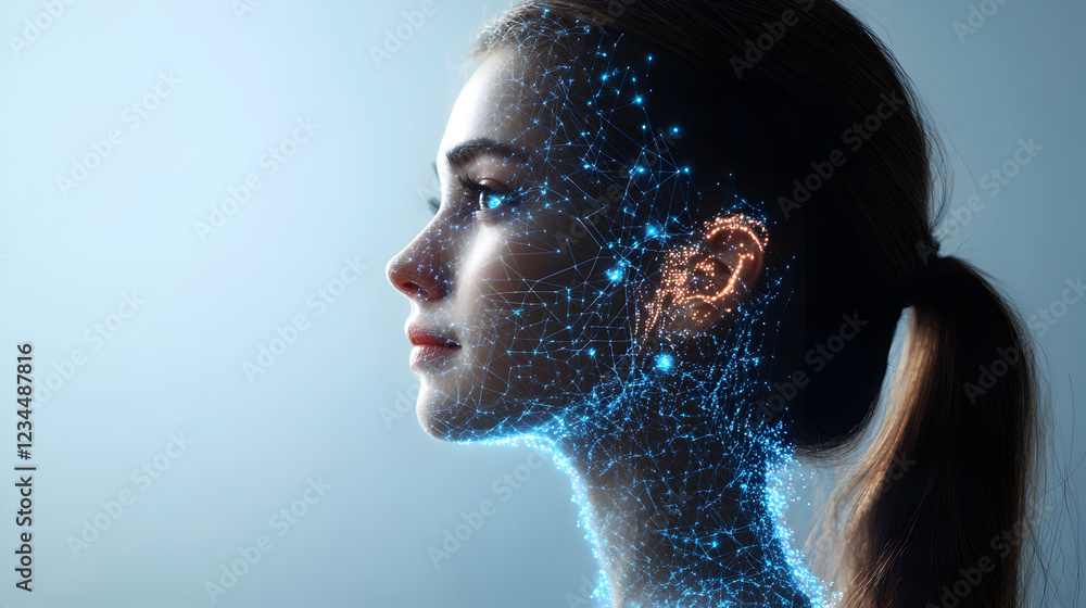 profile of a woman with glowing data streams and AI face recognition ...