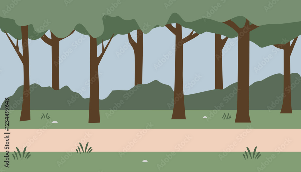 Simple forest illustration. Simple jungle illustration. Forest path ...