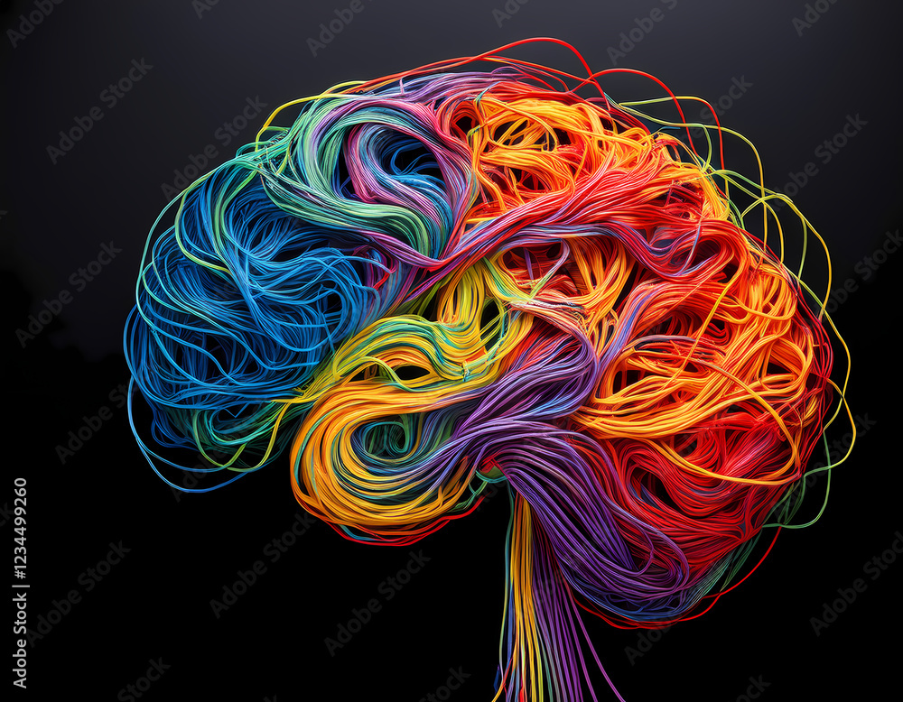 Vibrant multi-colored tangled threads form a human brain shape on a ...