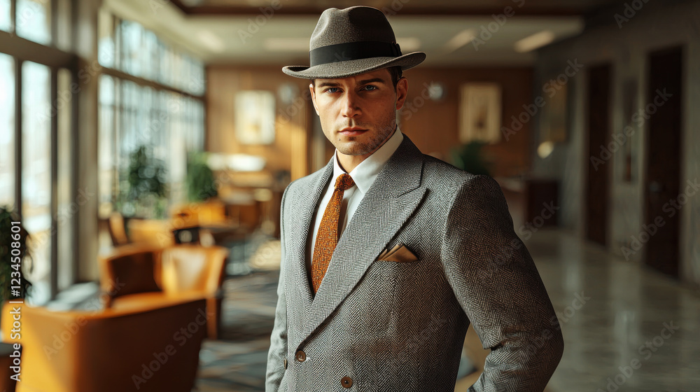Confident man in vintage office lobby showcasing timeless elegance in a ...