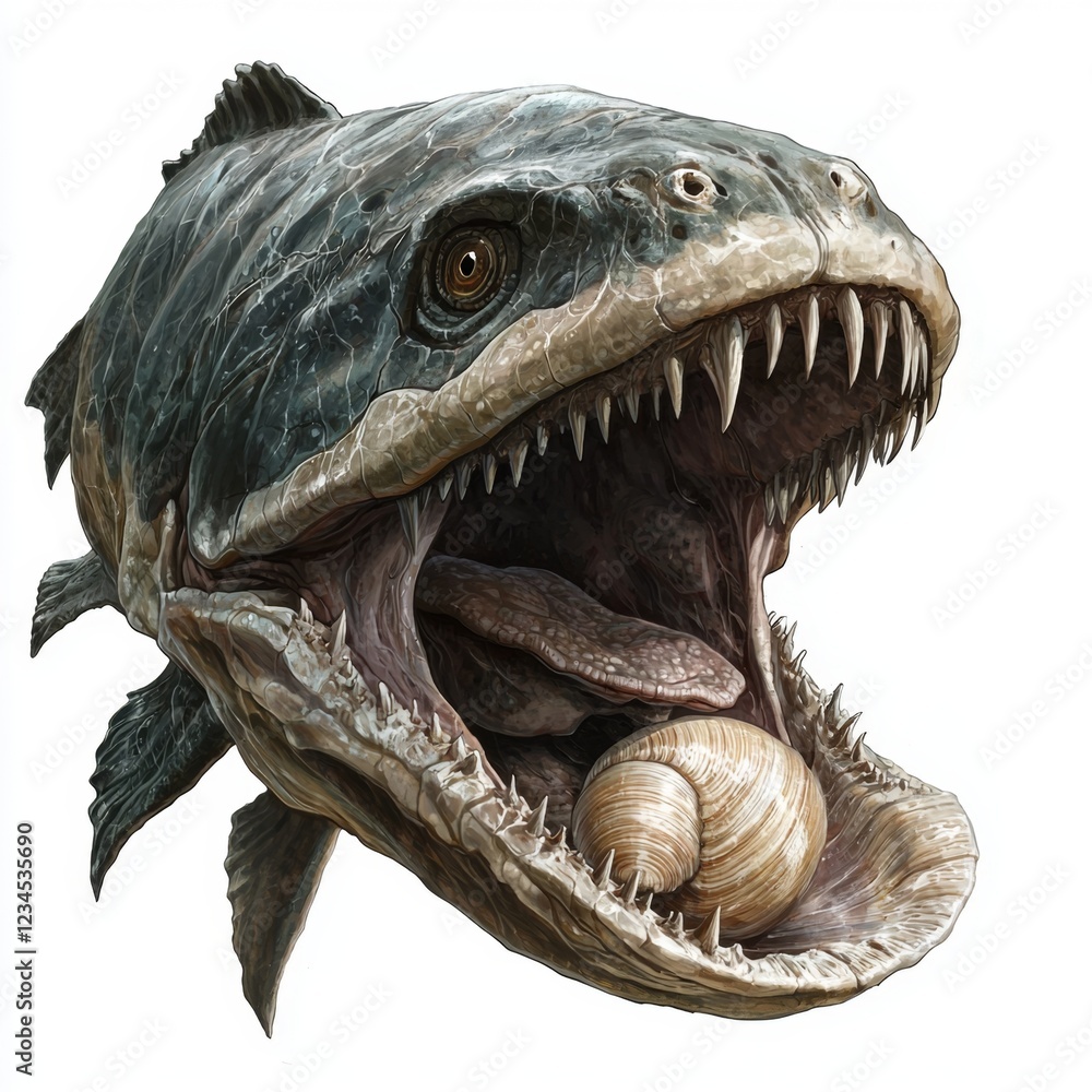 Realistic Depiction of Ancient Fish with Open Mouth and Shell in its ...