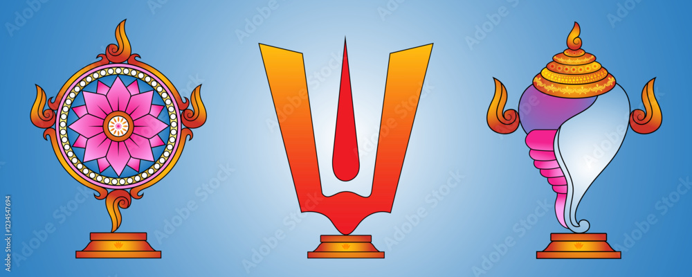 Balaji ji symbols shanku chakram namam, illustration desi retro indian ...
