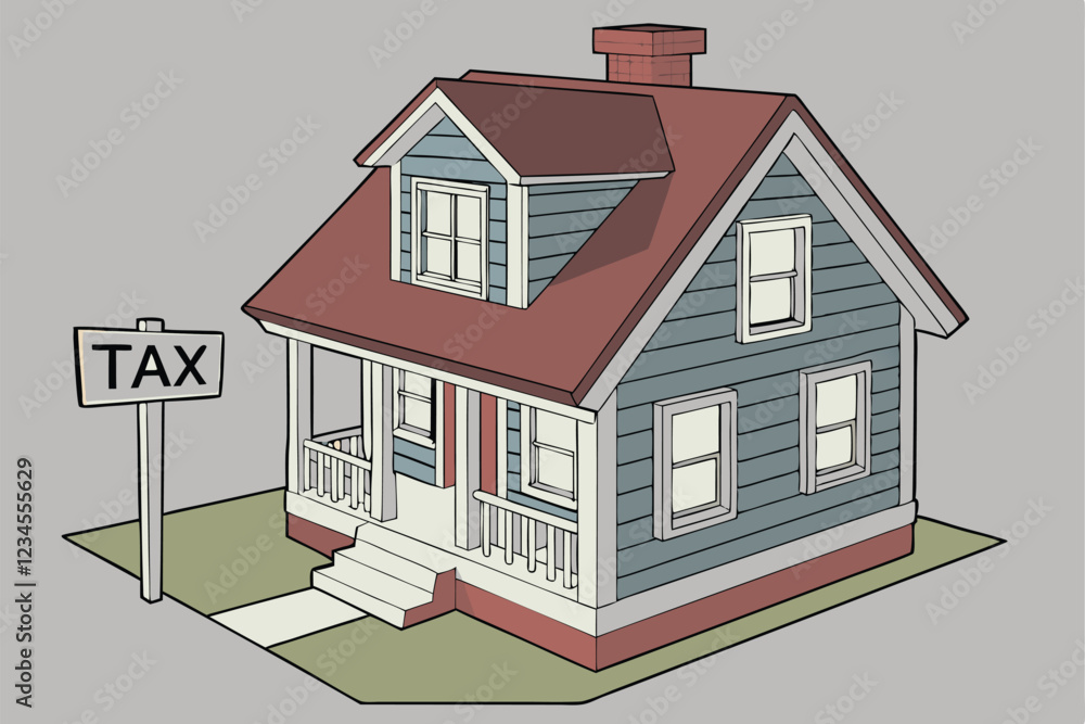 Miniature house model, property tax concept, blue wooden siding, red ...