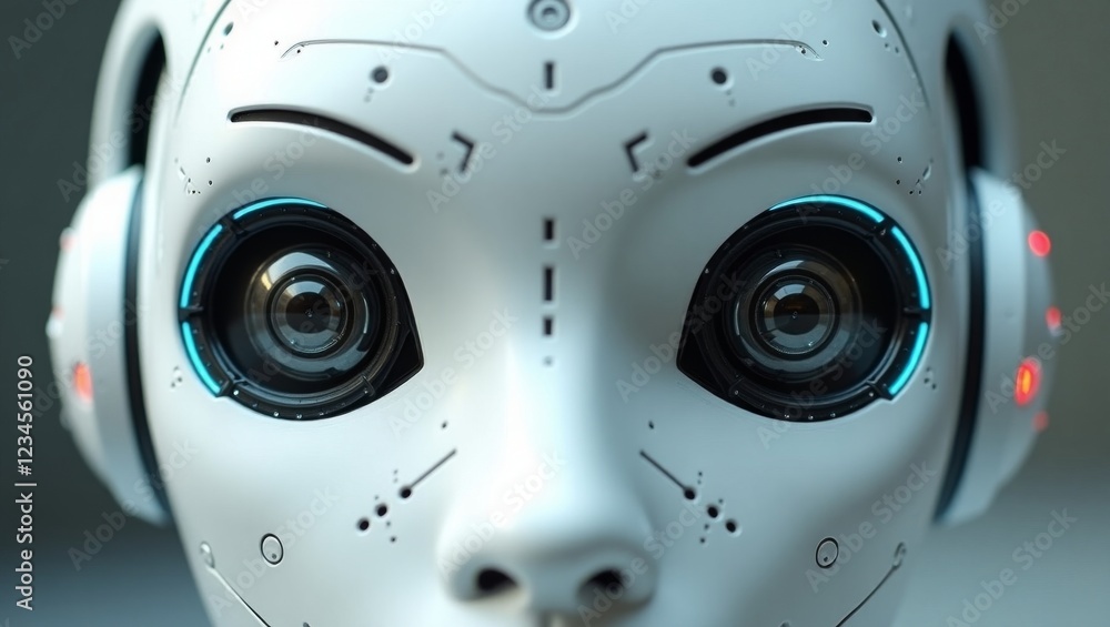 Close-up view of a futuristic robot face with glowing eyes and detailed ...