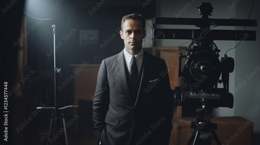 Film director exudes confidence as he stand surrounded by vintage movie ...