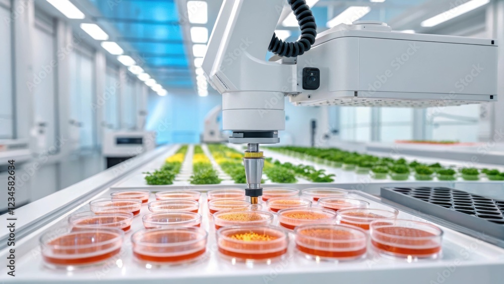 Inside a food science laboratory, a robotic arm processes petri dishes ...