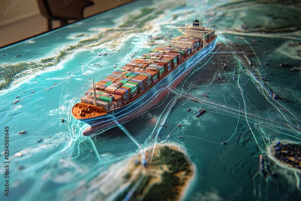 Large cargo ship navigating through waterways with intricate paths ...
