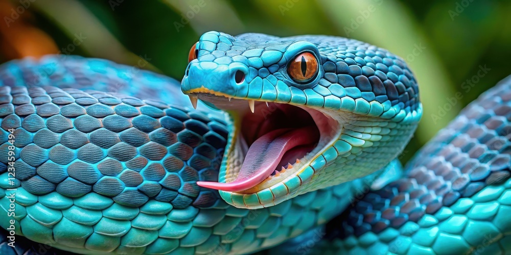 A close-up face shot of a blue viper snake with its mouth open ...