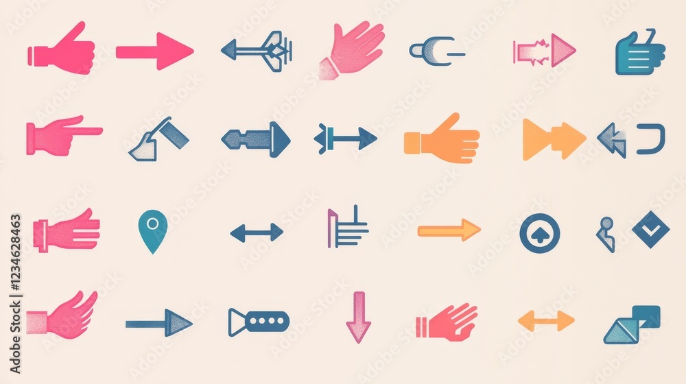 Collection of cursor icons in hand, arrow, and mouse shapes, including a set of mouse click ...
