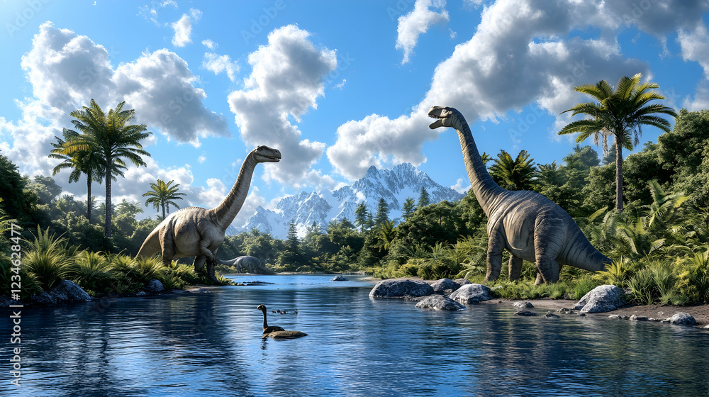 Prehistoric lake, two dinosaurs, mountains background, wildlife scene ...