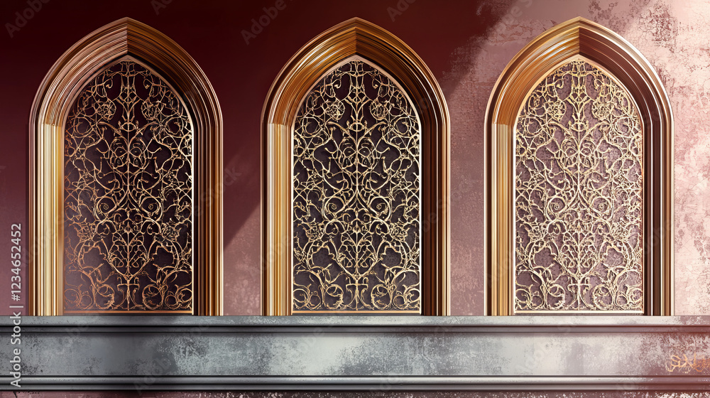 Stock-Foto „explore intricate gothic arched windows with gold filigree ...