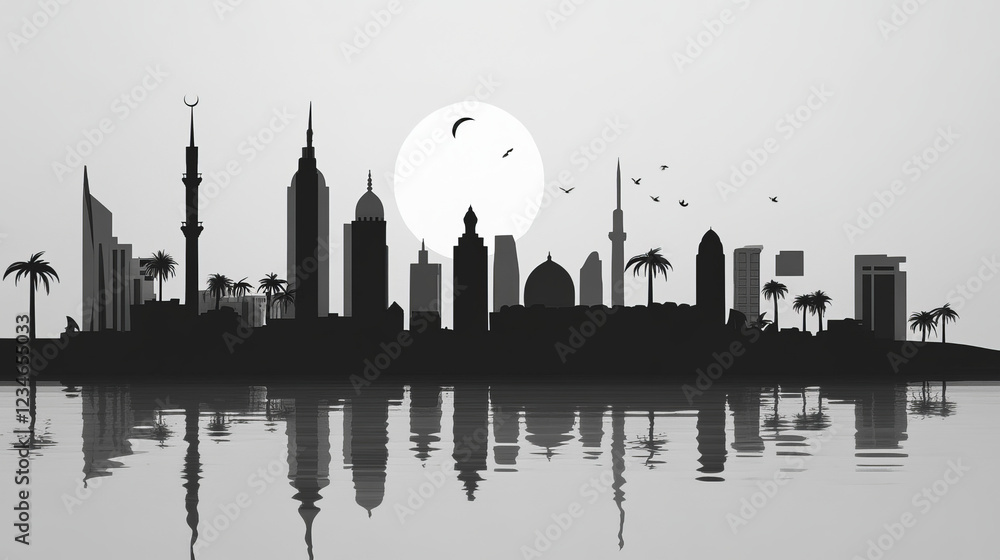 architectural illustration of kuwait city skyline at sunset featuring ...