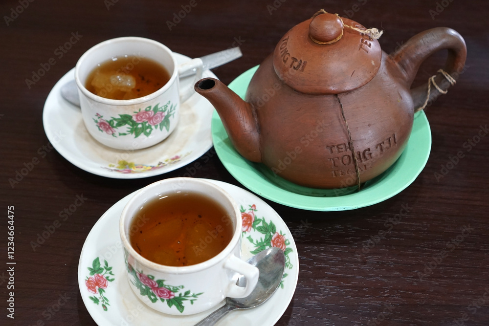 Tegal, Indonesia. January 27, 2025. A set of traditional Tegal teapots ...
