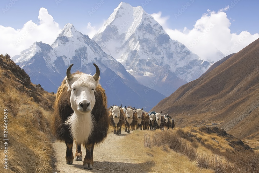 Herd of yaks traveling along a mountain path in the Himalayas during ...
