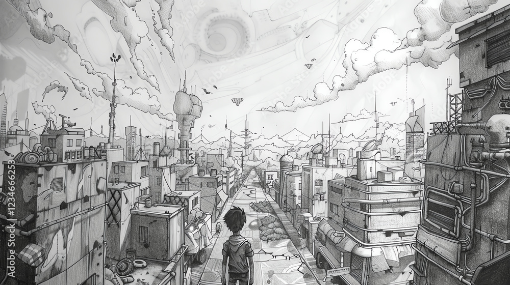 Craft a surreal pen and ink drawing showcasing a Rear view Street Art ...