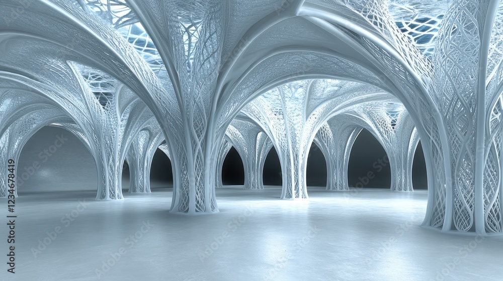 Intricate design of a futuristic space showcasing white arches and ...