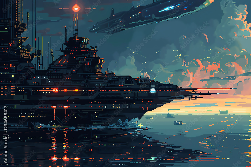 Illustrate a thrilling Maritime Adventure scene through pixel art featuring futuristic ...