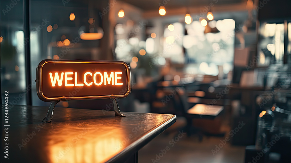 A desk with a 'welcome' sign represents a friendly onboarding process ...