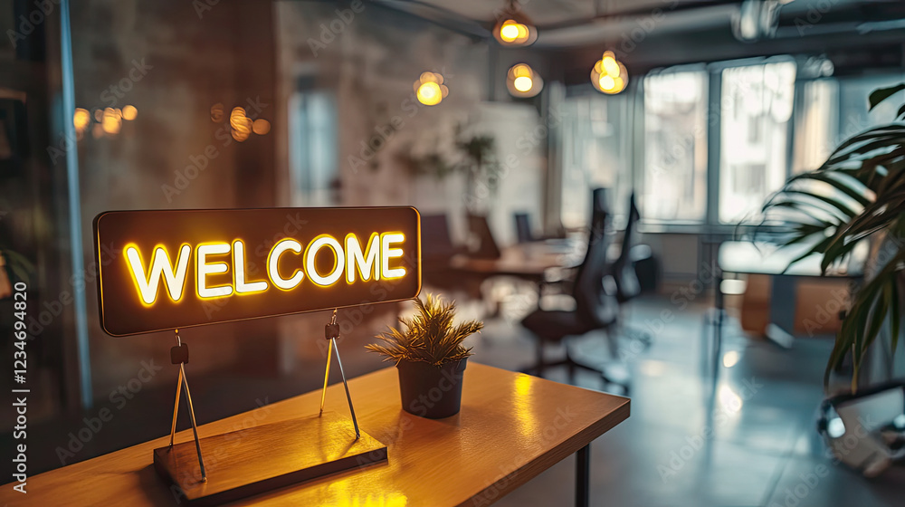 A desk with a 'welcome' sign represents a friendly onboarding process ...