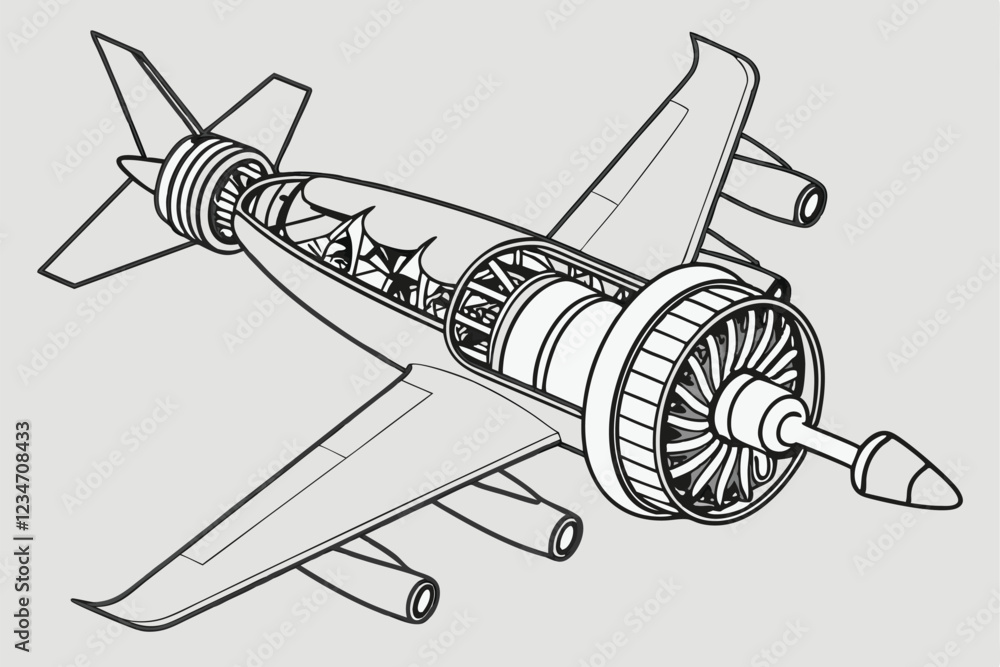 Technical schematic, jet engine cutaway, intricate details, engineering ...