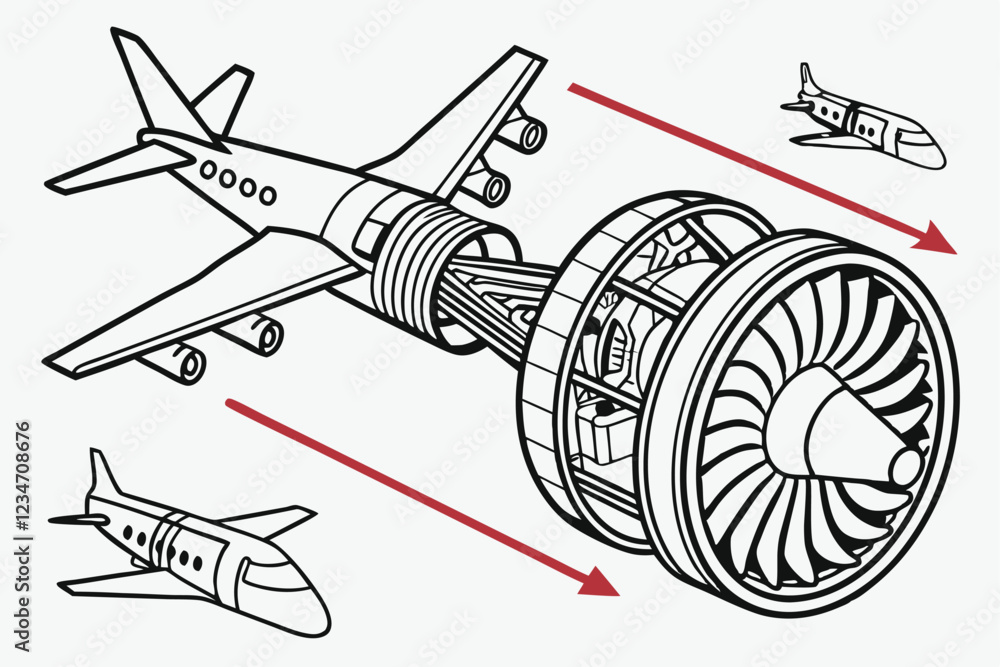 Technical schematic, jet engine cutaway, intricate details, engineering ...
