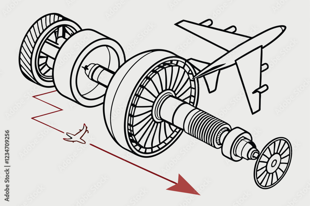Technical schematic, jet engine cutaway, intricate details, engineering ...