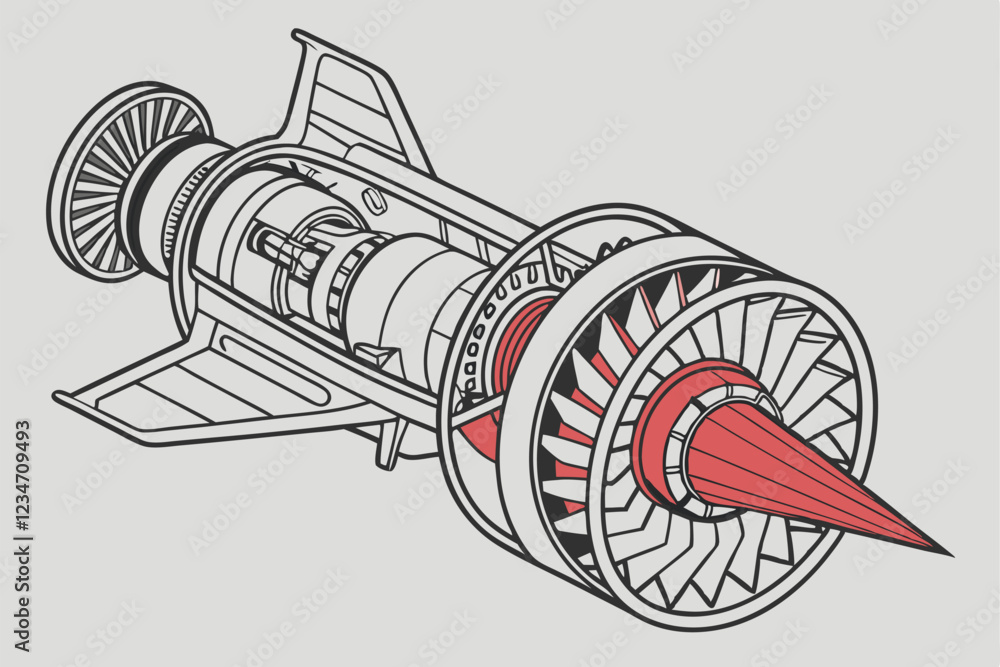 Technical schematic, jet engine cutaway, intricate details, engineering ...