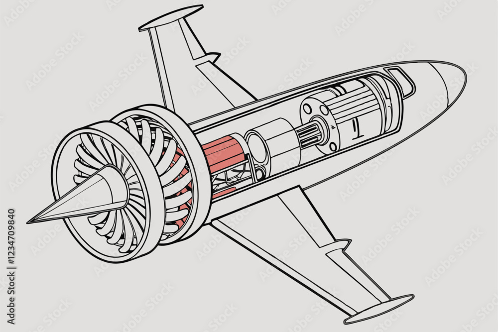 Technical schematic, jet engine cutaway, intricate details, engineering ...