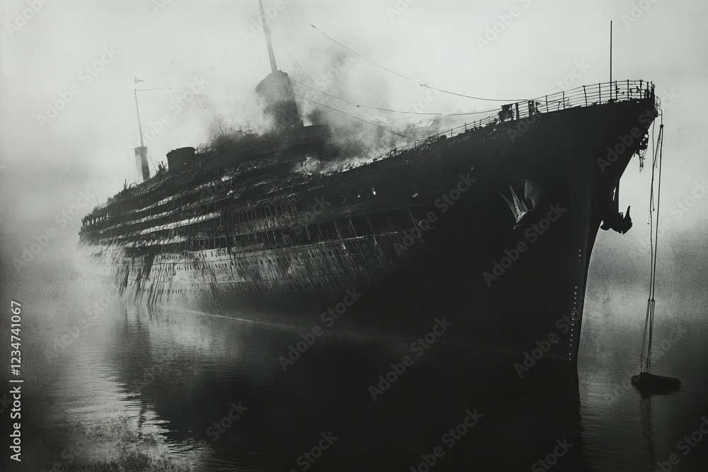 The burning SS VOLTURNO, a passenger ship sailing from Rotterdam to New ...